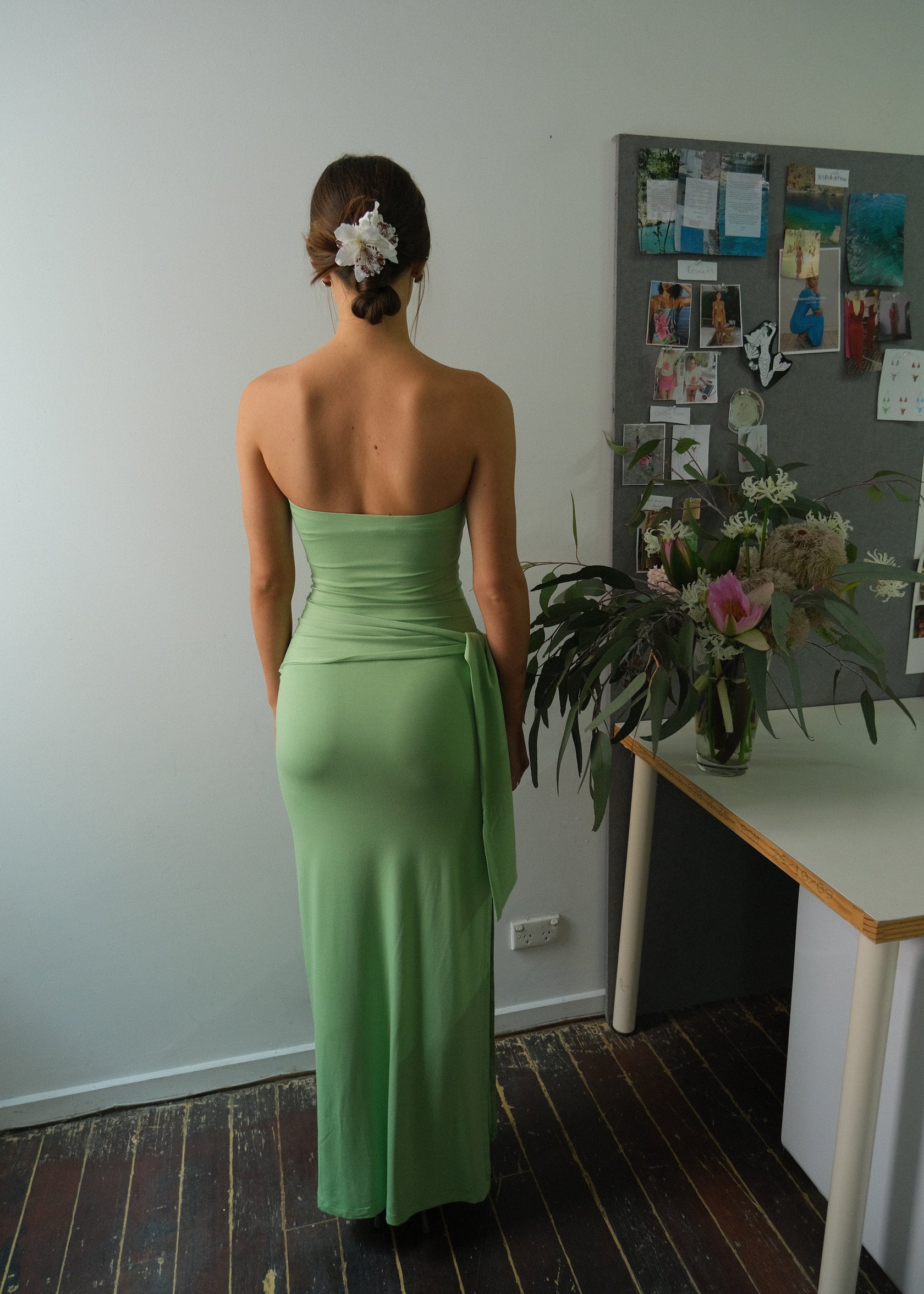 Draped strapless bamboo dress - Soft Moss – Odysseus&Penelope